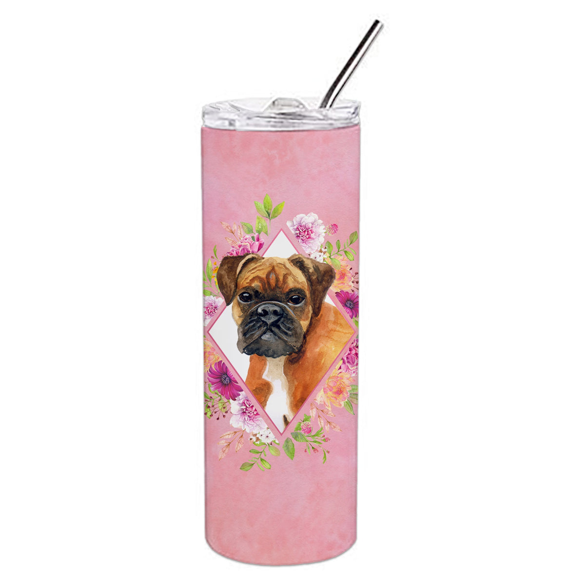 German Boxer Pink Flowers Double Walled Stainless Steel 20 Oz Skinny ...