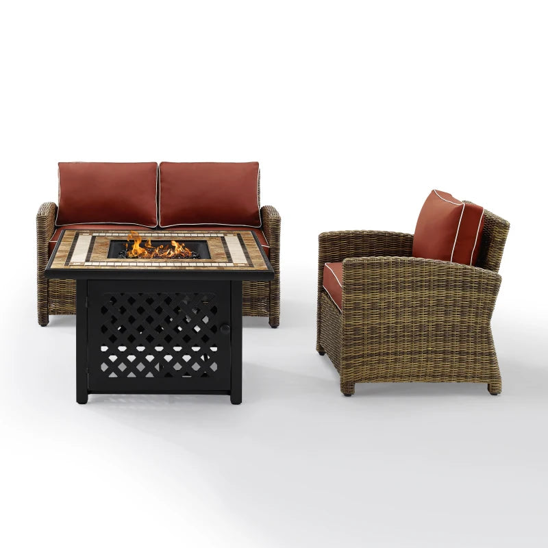 Bradenton 3Pc Outdoor Wicker Conversation Set W/Fire Table Weathered ...