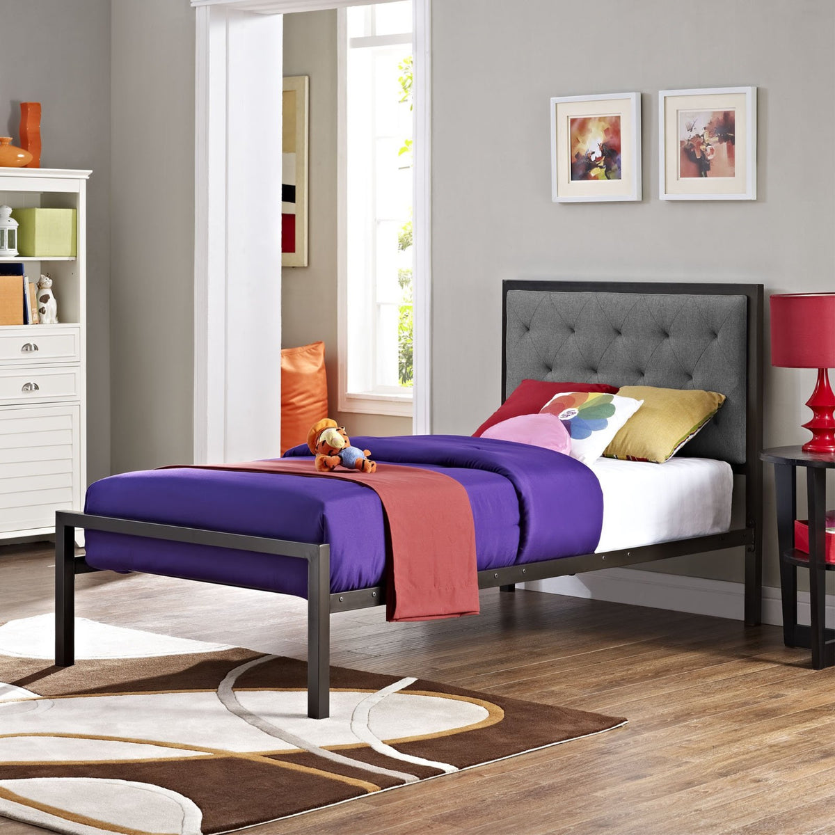 Casafoyer Mia Upholstered In Brown Gray Tufted Platform Bed With Metal ...